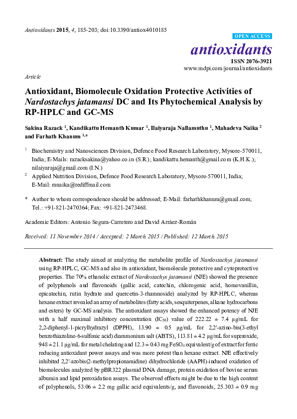(PDF) Article Antioxidant, Biomolecule Oxidation Protective Activities of Nardostachys jatamansi ...