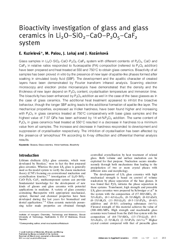 (PDF) Bioactivity investigation of glass and glass ceramics in Li2O–SiO2–CaO–P2O5–CaF2system