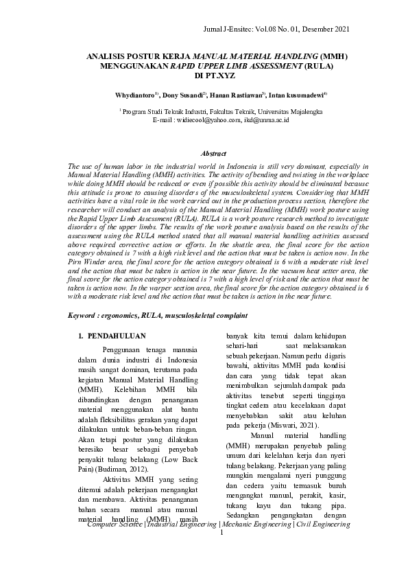 (DOC) Analisis Postur Kerja Manual Material Handling (MMH) Menggunakan ...