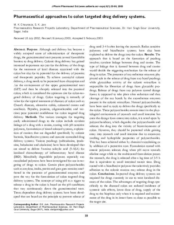 (PDF) Pharmaceutical approaches to colon targeted drug delivery systems