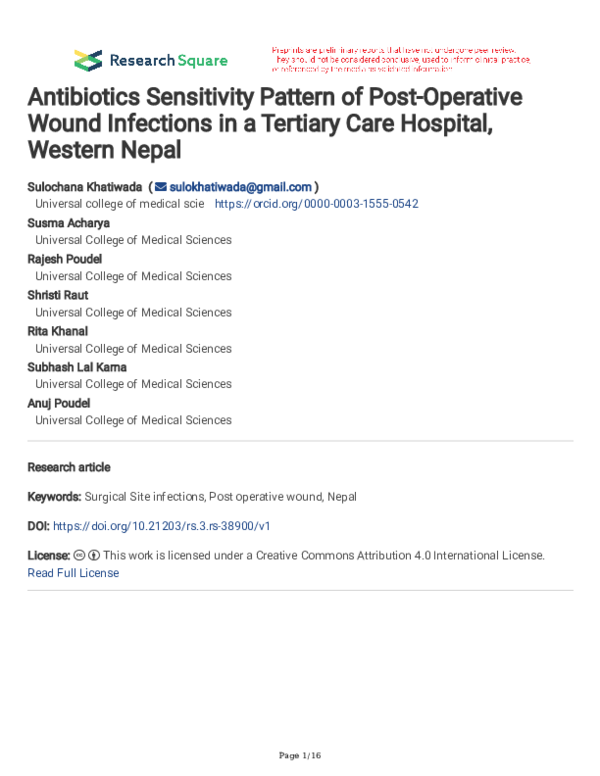 (PDF) Antibiotics Sensitivity Pattern of Post-Operative Wound ...