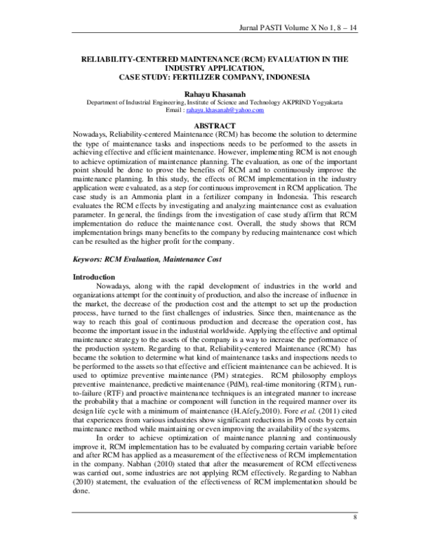 (PDF) Reliability-Centered Maintenance (RCM) Evaluation in the Industry ...