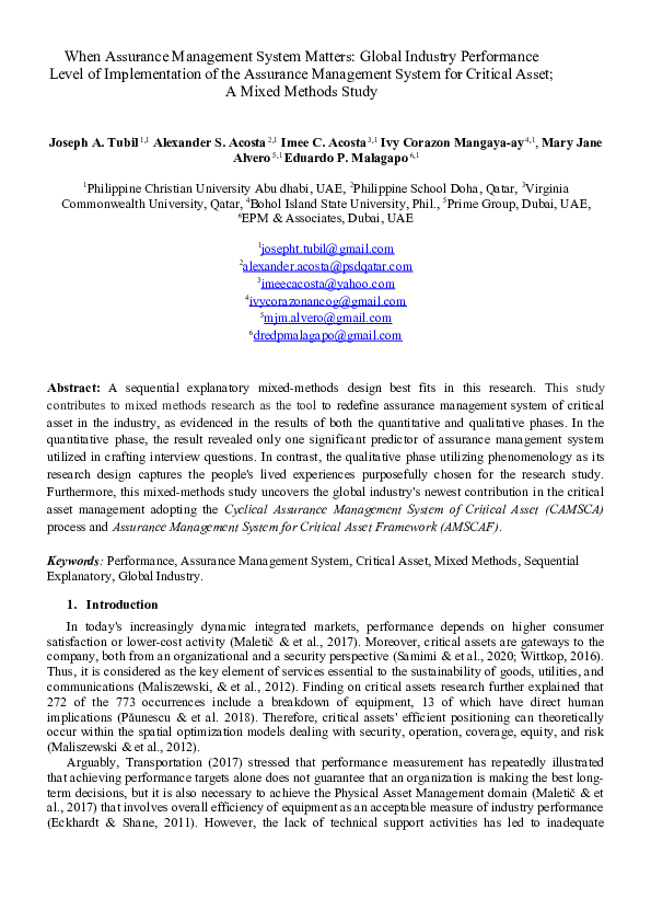 (DOC) When Assurance Management Systems Matters: Global Industry ...