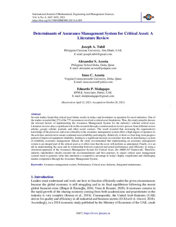 (PDF) Determinants of Assurance Management System for Critical Asset: A ...
