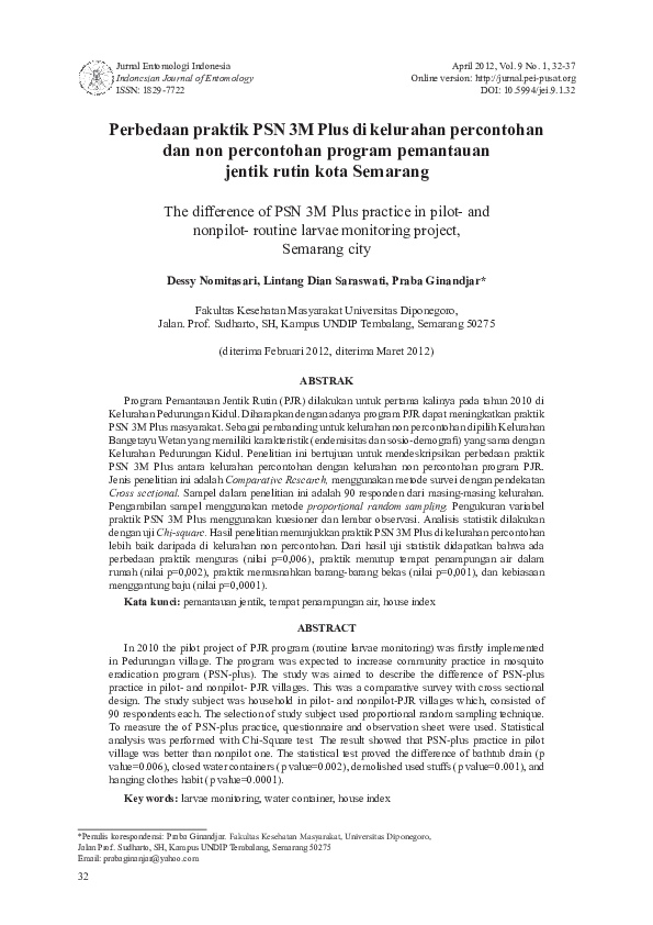 (PDF) Perbedaan praktik PSN-3M Plus di kelurahan percontohan dan non ...