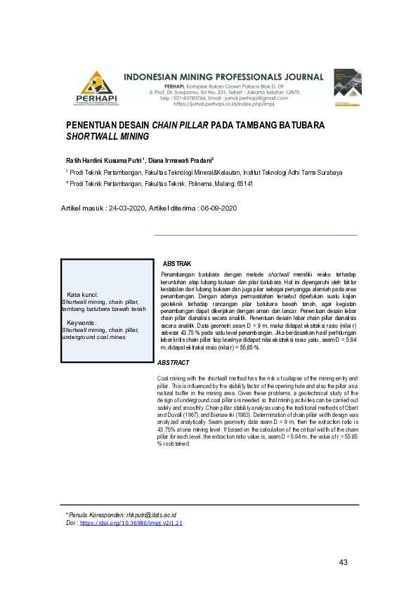 (PDF) Penentuan Lebar Chain Pillar Pada Tambang Batubara Shortwall Mining