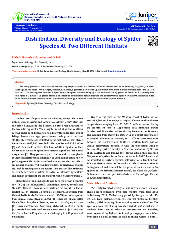 (PDF) Distribution, diversity and ecology of spider species at two ...