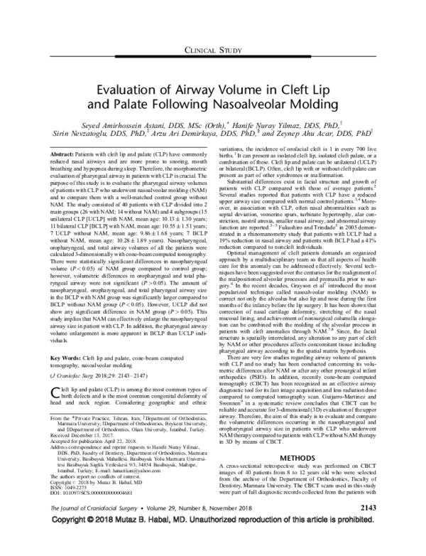 (PDF) Evaluation of Airway Volume in Cleft Lip and Palate Following Nasoalveolar Molding | Arzu ...