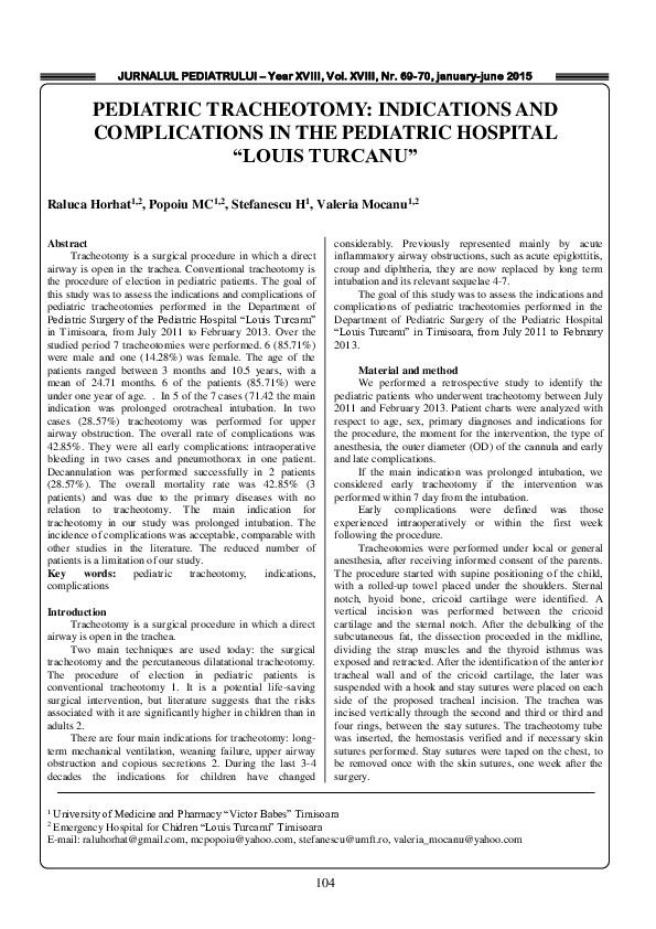 (PDF) Pediatric Tracheotomy: Indications and Complications in the ...