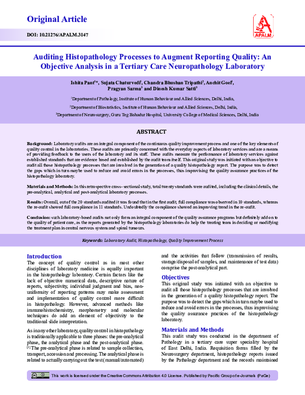 (PDF) Auditing Histopathology Processes to Augment Reporting Quality: An Objective Analysis in a ...