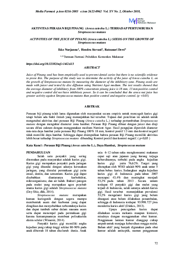 (PDF) AKTIVITAS PERASAN BIJI PINANG (Areca catechu L.) TERHADAP PERTUMBUHAN Streptococcus mutans