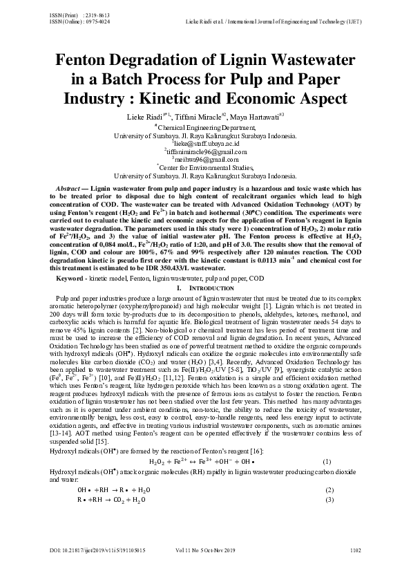 (PDF) Fenton Degradation of Lignin Wastewater in a Batch Process for ...