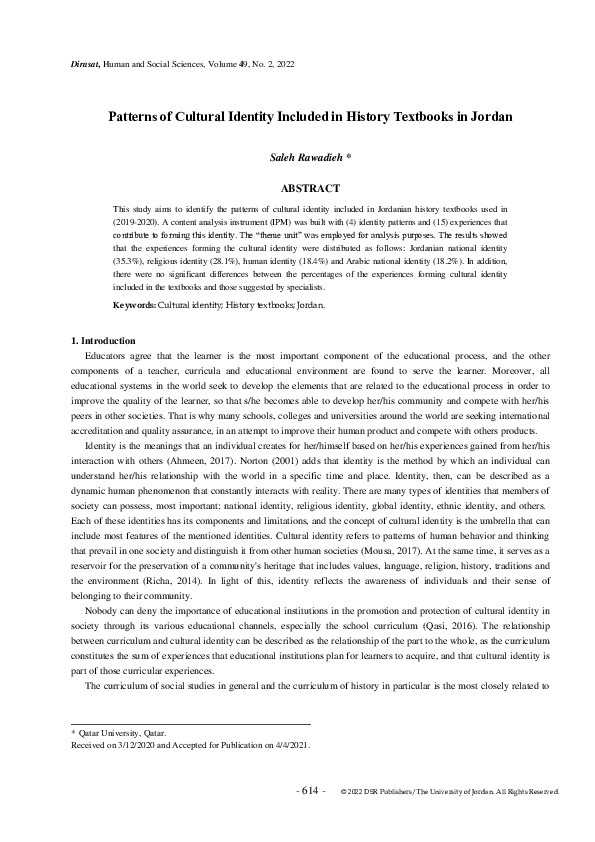 (PDF) Patterns of Cultural Identity Included in History Textbooks in Jordan
