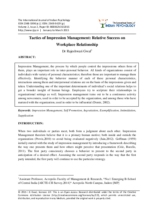 (PDF) Tactics of Impression Management: Relative Success on Workplace ...