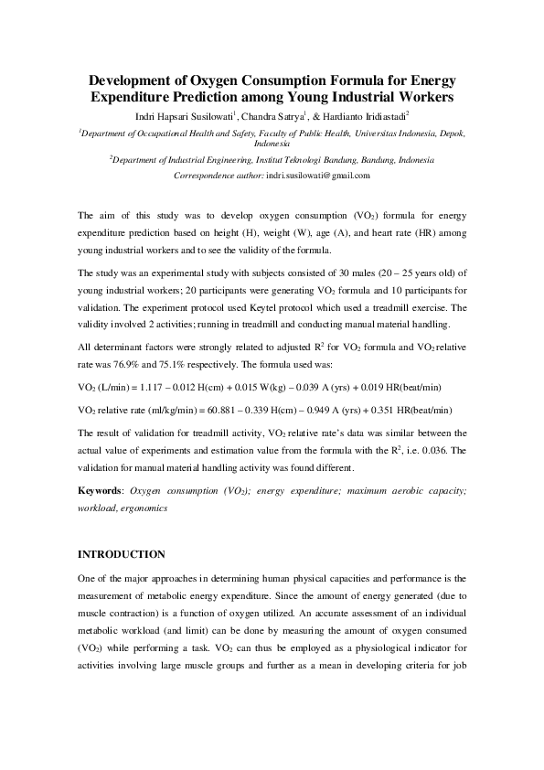 (PDF) Development of Oxygen Consumption Formula for Energy Expenditure ...