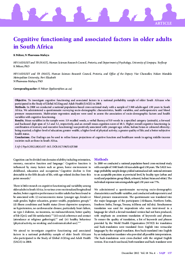 Pdf Cognitive Function In Older South Africans