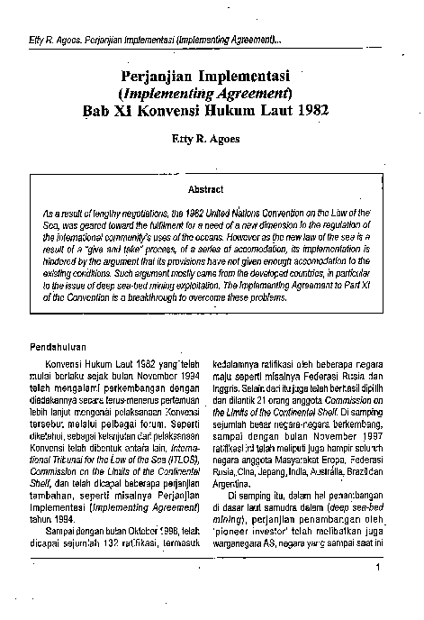 (PDF) Perjanjian Implementasi (Implementing Agreement) Bab XI Konvensi Hukum Laut 1982