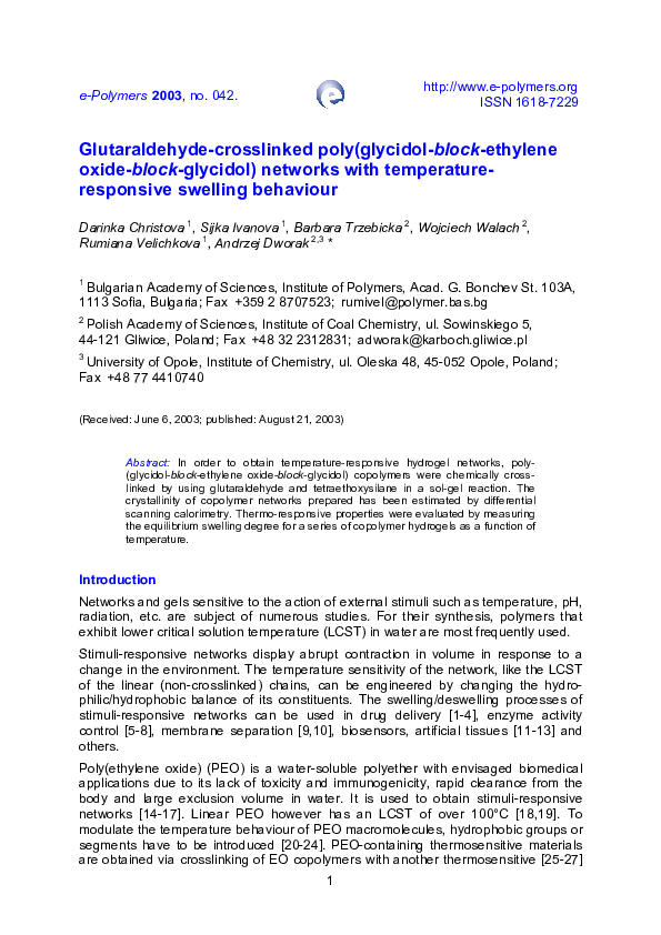(PDF) Glutaraldehyde-crosslinked poly(glycidol-block-ethylene oxide-block-glycidol) networks ...