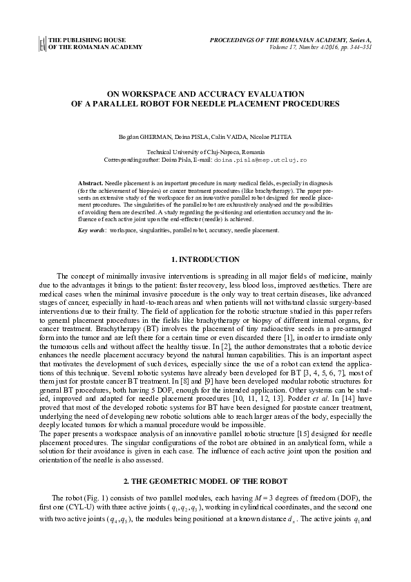 (PDF) On Workspace and Accuracy Evaluation of a Parallel Robot for Needle Placement Procedures