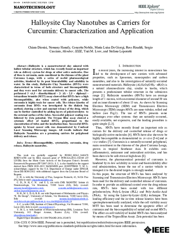 (PDF) Halloysite Clay Nanotubes as Carriers for Curcumin ...