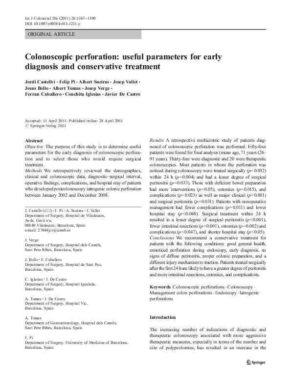 (PDF) Colonoscopic perforation: useful parameters for early diagnosis ...