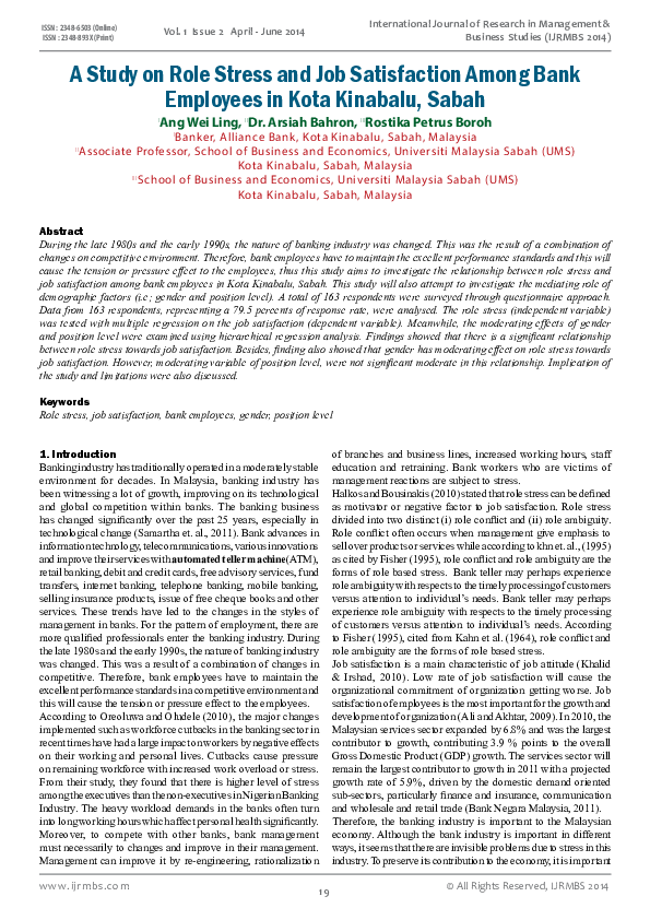 (PDF) A Study on Role Stress and Job Satisfaction Among Bank Employees ...