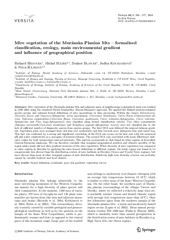 (PDF) Mire vegetation of the Muránska Planina Mts — formalised ...