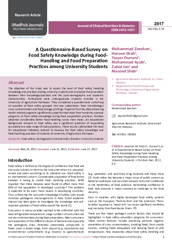 (PDF) A Questionnaire-Based Survey on Food Safety Knowledge during Food ...