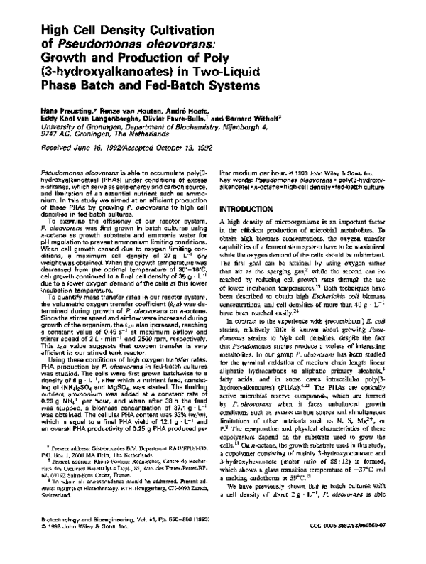 (PDF) High cell density cultivation ofPseudomonas oleovorans: Growth ...