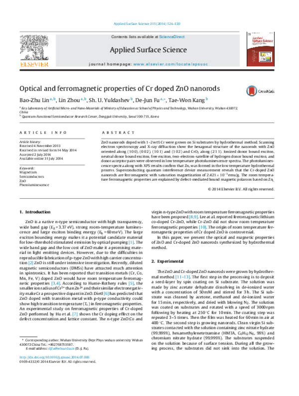 (PDF) Optical and ferromagnetic properties of Cr doped ZnO nanorods
