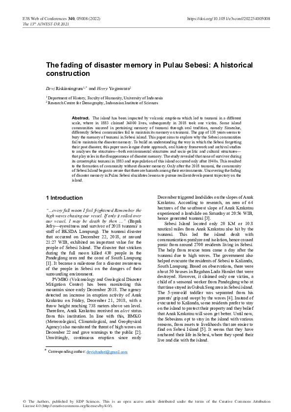 (PDF) The fading of disaster memory in Pulau Sebesi: A historical ...