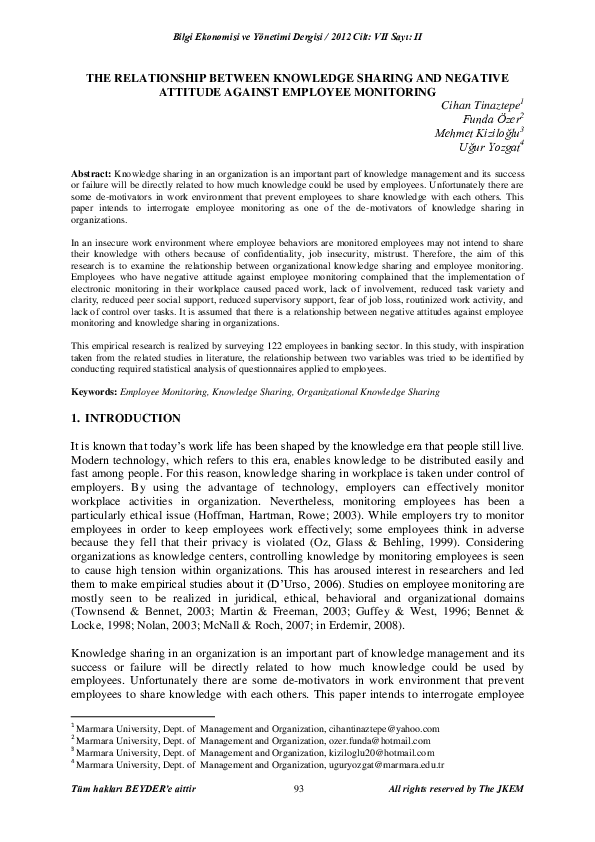 (PDF) The Relationship Between Knowledge Sharing and Negative Attitude Against Employee Monitoring