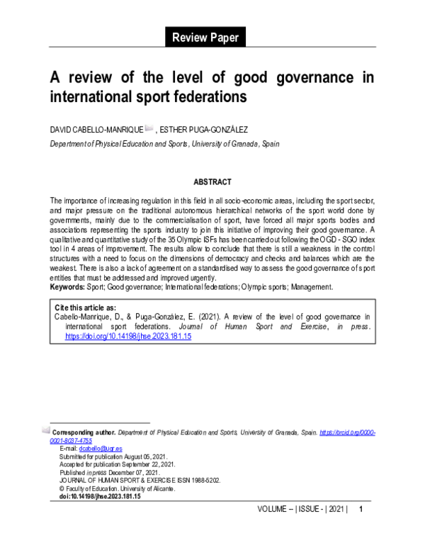 (PDF) A review of the level of good governance in international sport ...