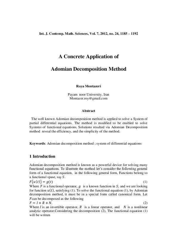 (PDF) A Concrete Application of Adomian Decomposition Method