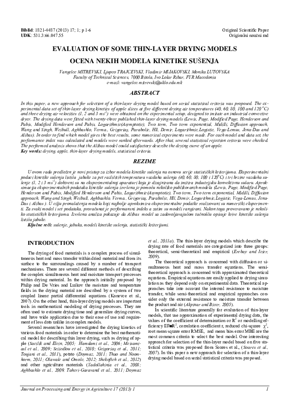 (PDF) Evaluation of some thin-layer drying models
