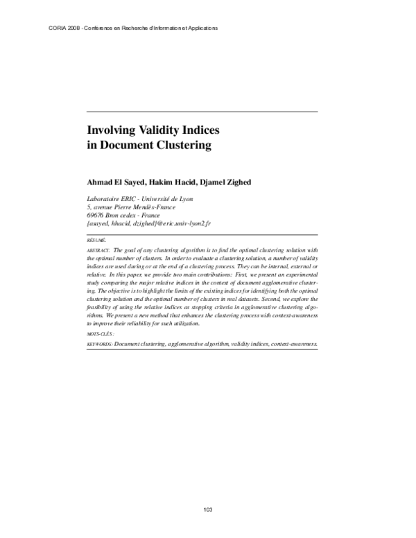 (PDF) Involving Validity Indices in Document Clustering