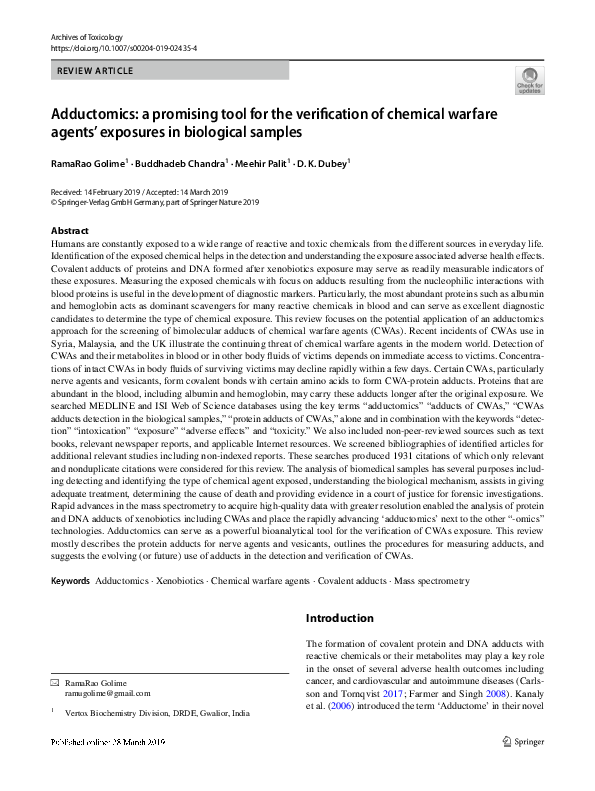 (PDF) Adductomics: a promising tool for the verification of chemical ...