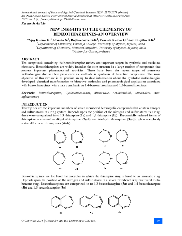 (PDF) New Insights to the Chemistry of Benzothiazepines-An Overview