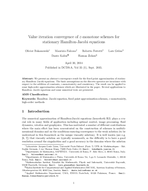 (PDF) Value iteration convergence of $\epsilon$-monotone schemes for stationary Hamilton-Jacobi ...