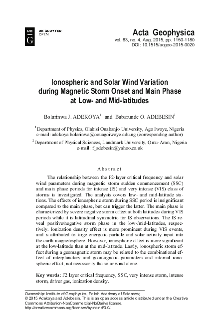 (PDF) Ionospheric and Solar Wind Variation during Magnetic Storm Onset and Main Phase at Low ...