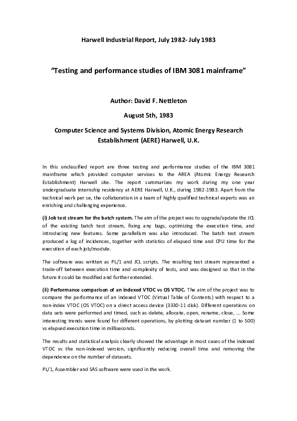 (PDF) Testing and performance studies of IBM 3081 mainframe