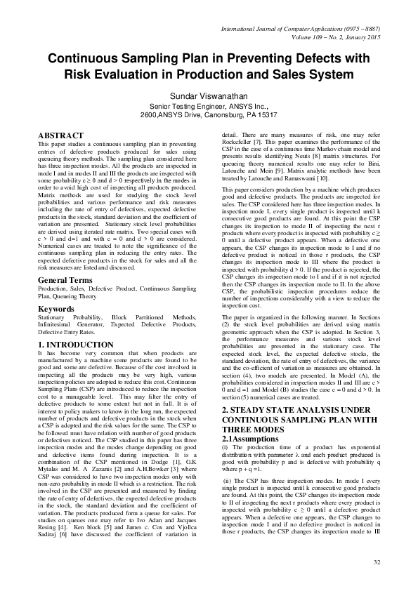 (PDF) Continuous Sampling Plan in Preventing Defects with Risk Evaluation in Production and ...