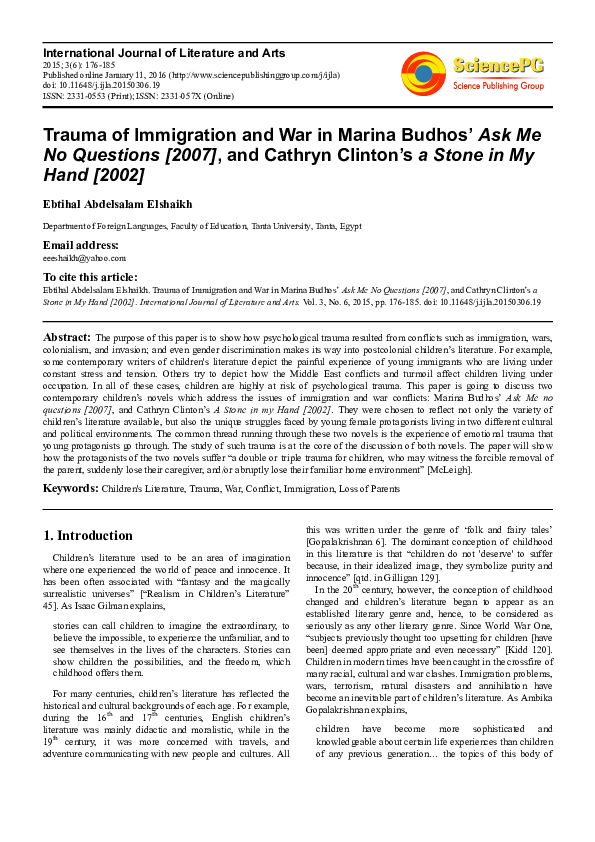 (PDF) Trauma of Immigration and War in Marina Budhos’ Ask Me No ...