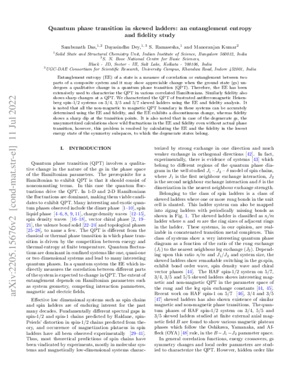 (PDF) Quantum phase transition in skewed ladders: an entanglement entropy and fidelity study