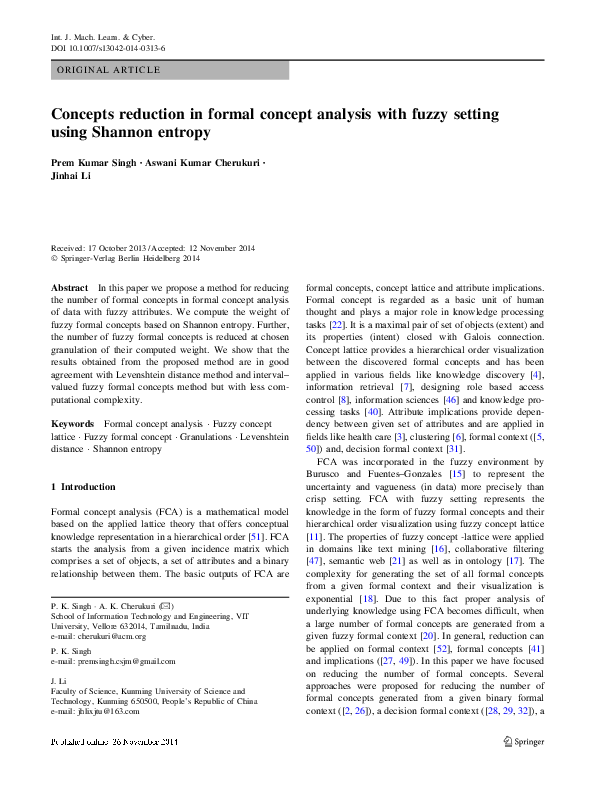 Pdf Concepts Reduction In Formal Concept Analysis With Fuzzy Setting Using Shannon Entropy