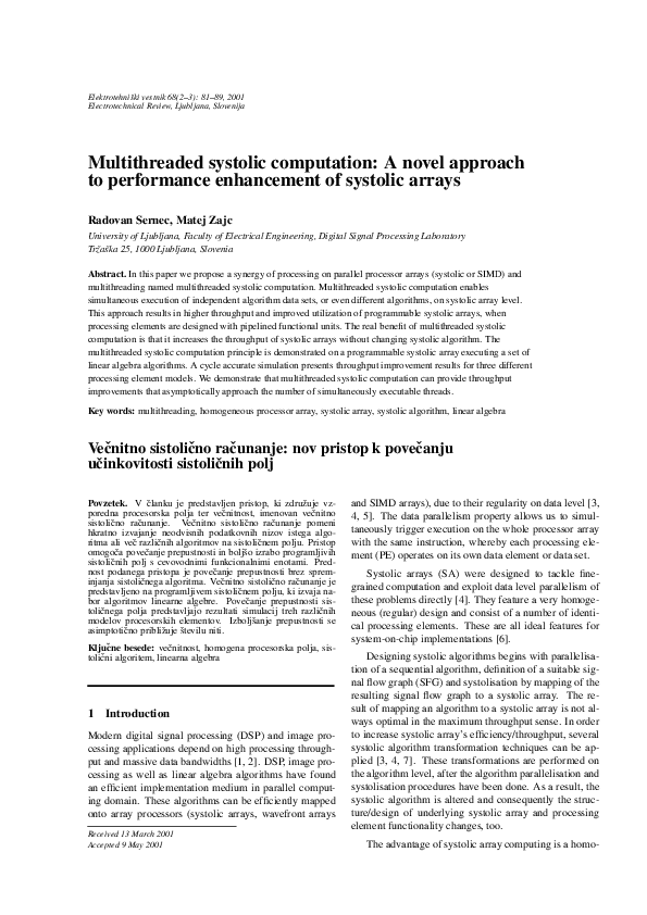 Pdf Multithreaded Systolic Computation For Performance Improvement