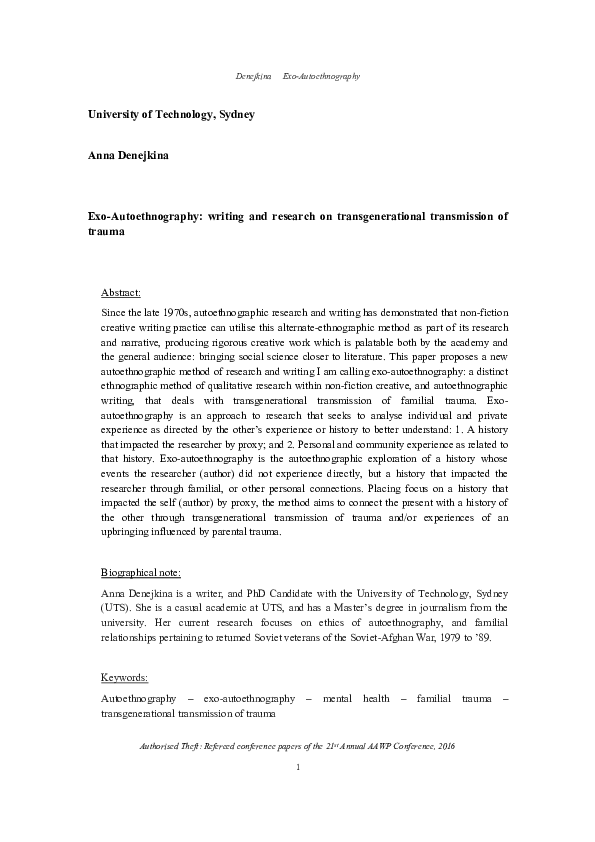 (PDF) Exo-Autoethnography: writing and research on transgenerational ...
