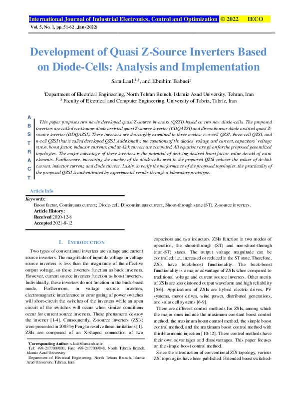 Pdf Development Of Quasi Z Source Inverters Based On Diode Cells Analysis And Implementation