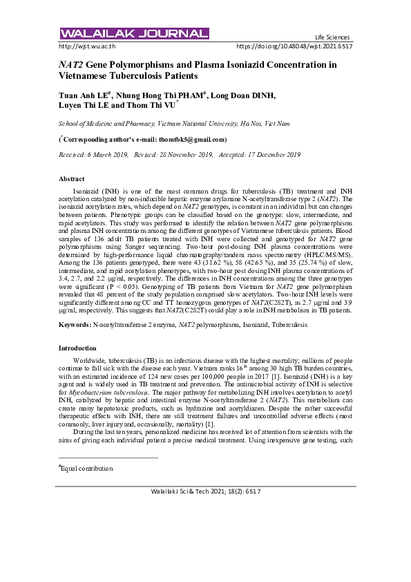 (PDF) NAT2 Gene Polymorphisms and Plasma Isoniazid Concentration in ...