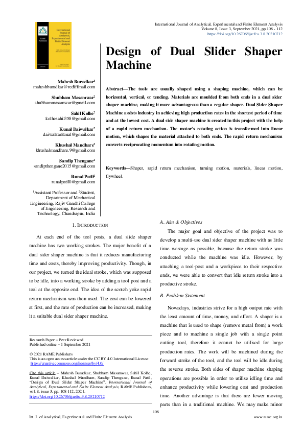 (PDF) Design of Dual Slider Shaper Machine